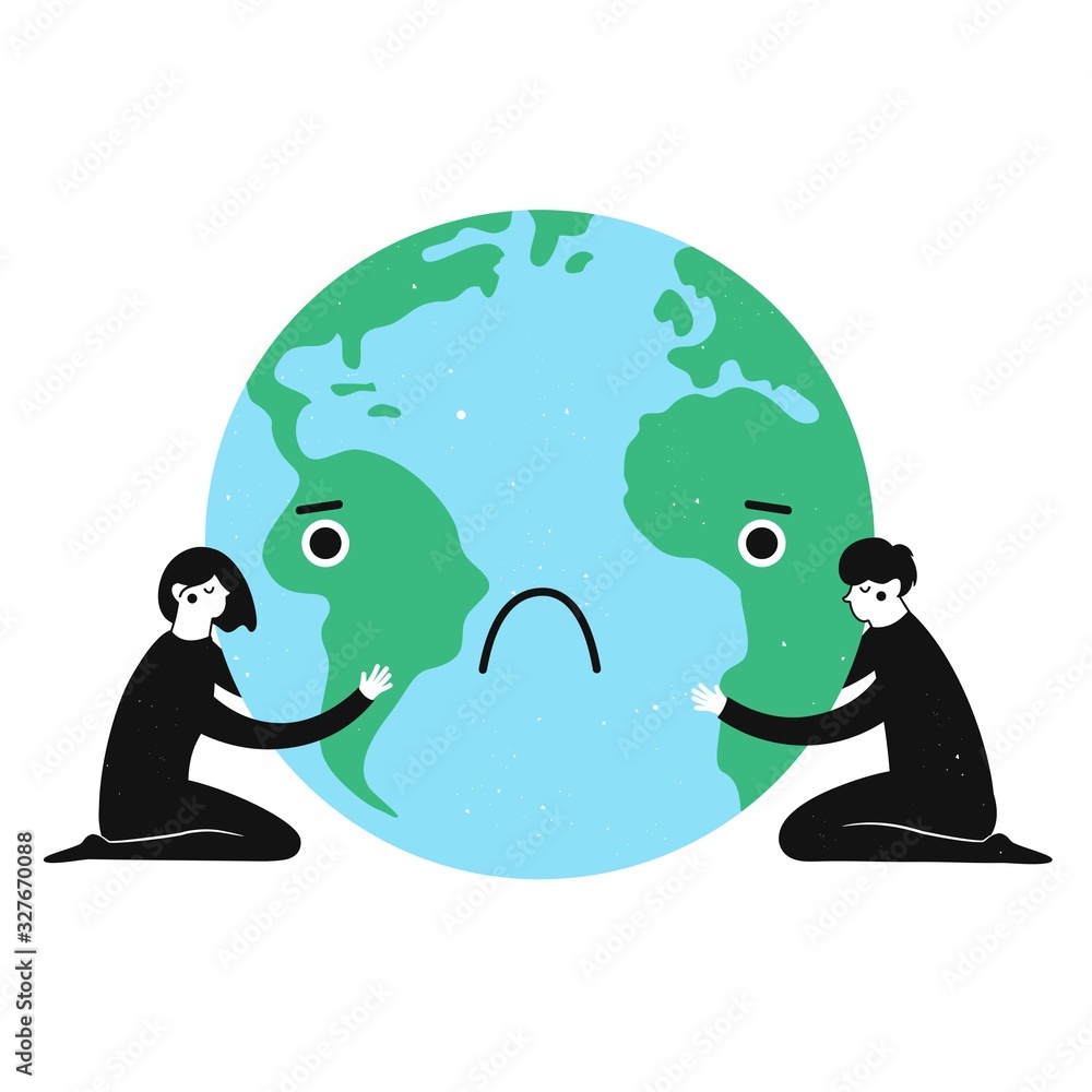 Vector illustration with boy and girl hugging cute sad earth planet ...