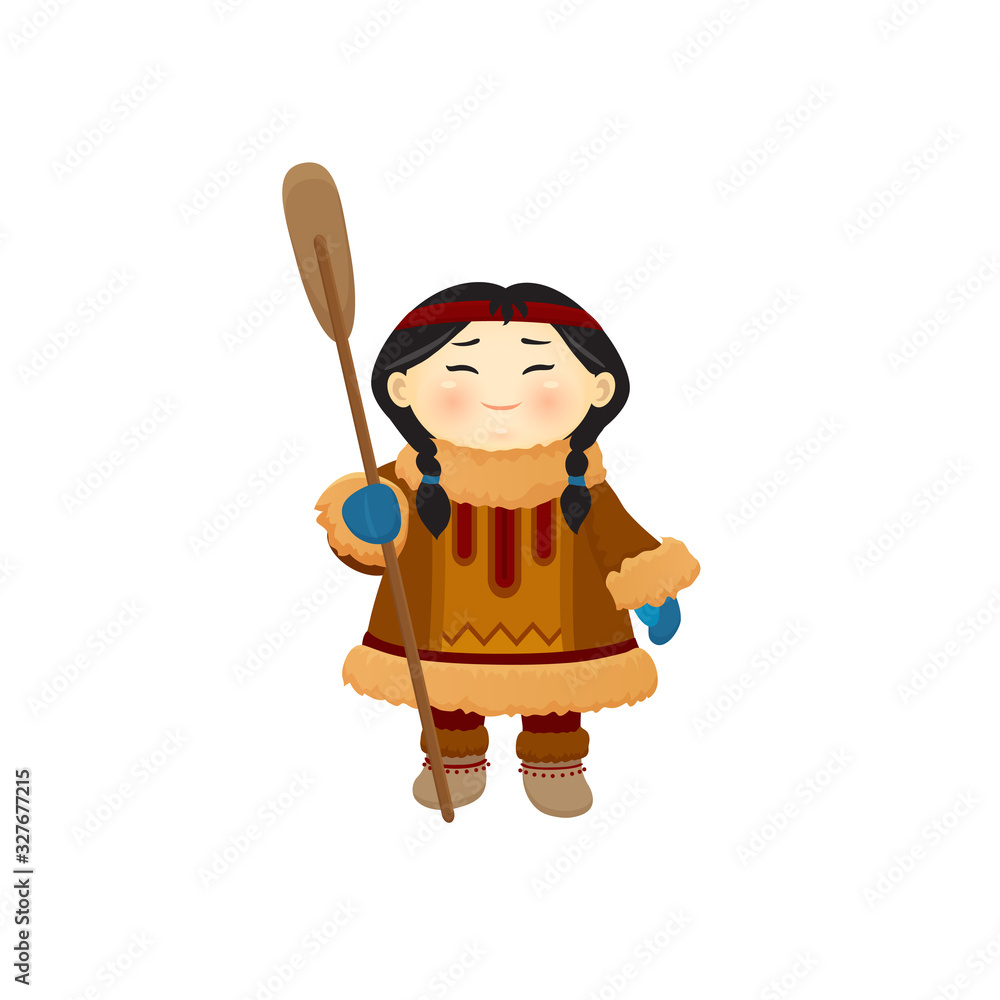 cartoon illustration of funny Eskimo child. Cute girl with paddle. An ...