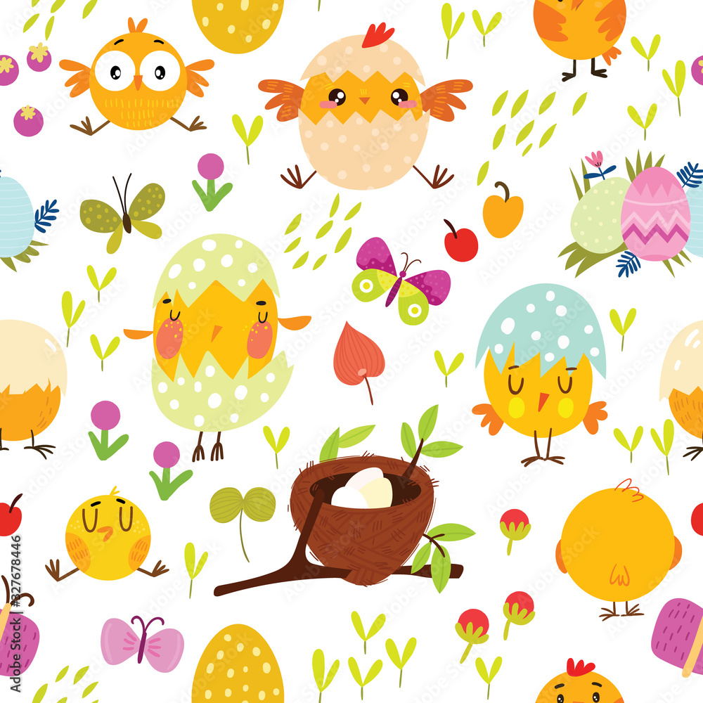Seamless spring pattern with cute chickens and spring elements. Hand ...