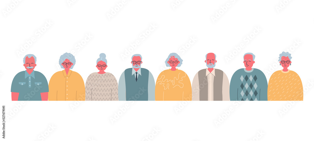 Community of older people. Elderly men and elderly women are standing ...