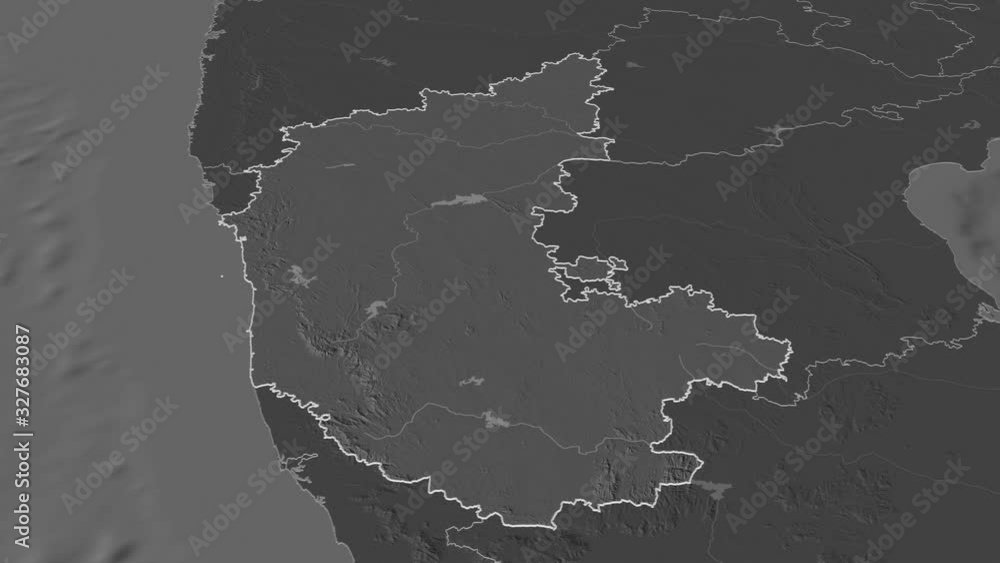 Karnataka, state with its capital, zoomed and extruded on the bilevel ...