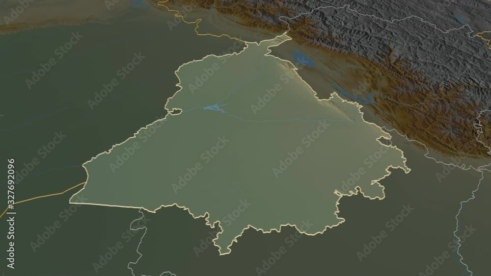 Punjab, state with its capital, zoomed and extruded on the relief map ...
