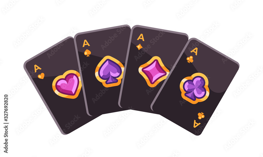 Four black and gold playing card aces with pink and purple gem symbols ...