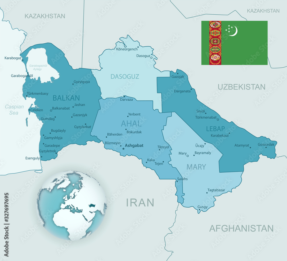 Blue-green detailed map of Turkmenistan and administrative divisions ...