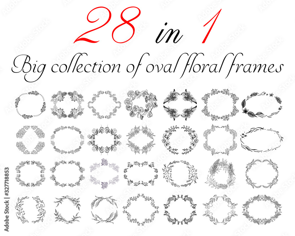 Big collection of 28 oval floral frames. Big floral botanical flowers ...
