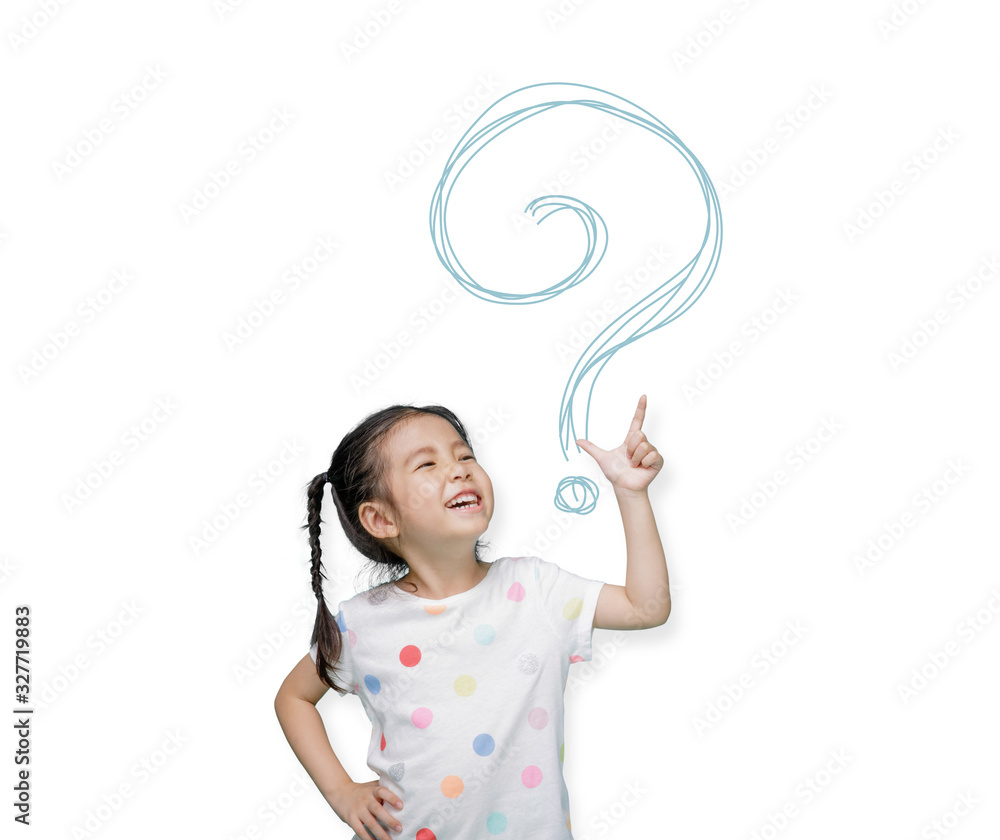 Asian child girl pointing at the isolate white background with ...