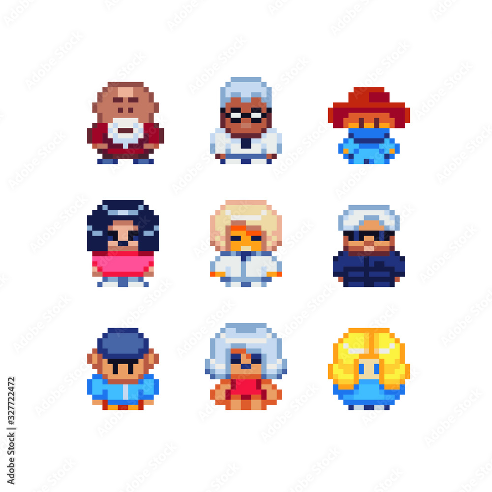 Abstract cute people male and female characters pixel art icons set ...