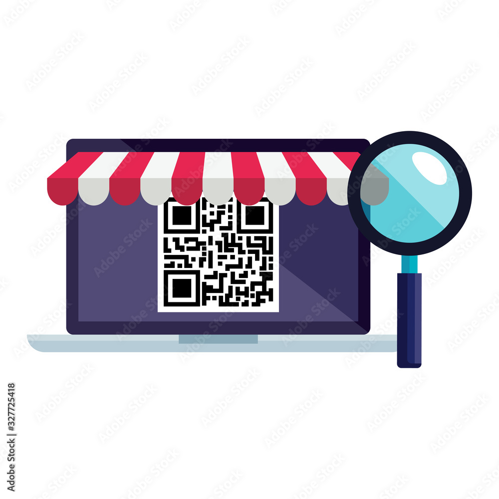 qr code inside laptop and lupe design of technology scan information ... qr code inside laptop and lupe design of technology scan information ...