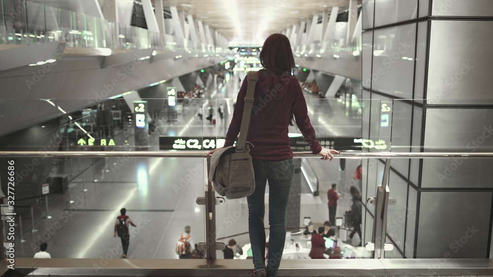 Woman Passenger Stand Look at Modern Airport Hall. Camera Pan to ...