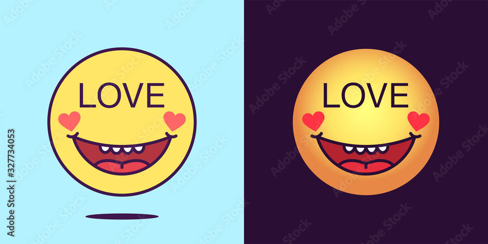 Emoji face icon with phrase Love. Enamored emoticon with text Love. Set ...
