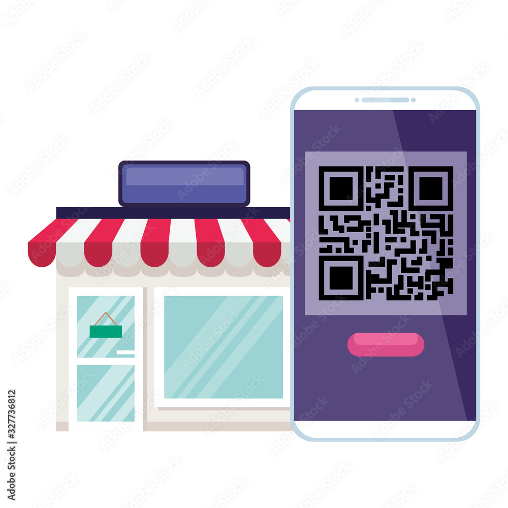 qr code inside smartphone and store design of technology scan ...