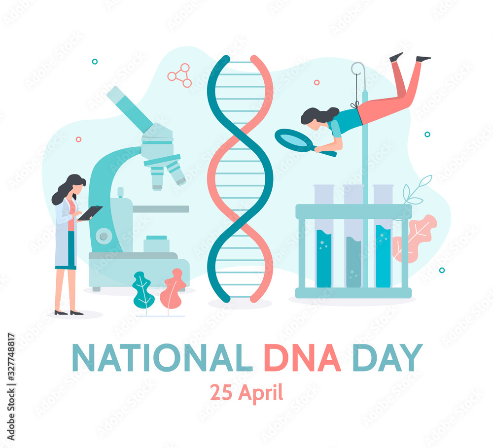 National DNA day poster. DNA research concept with tiny people. Flat ...