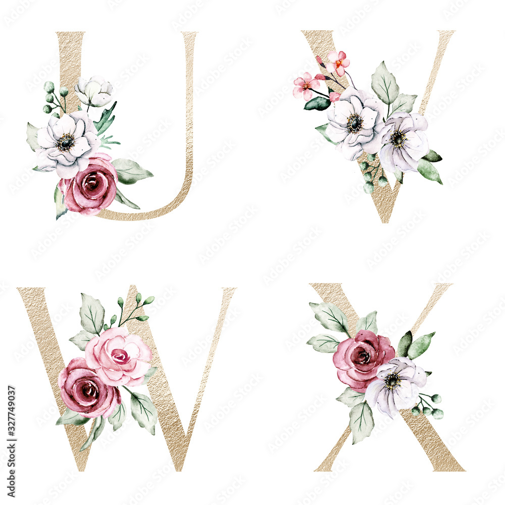 Gold letters set, alphabet with watercolor flowers pink roses and leaf ...