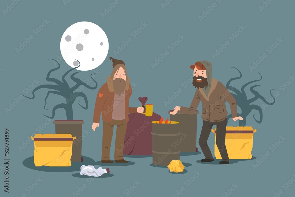 Homeless men on night street, desperate people cartoon characters ...
