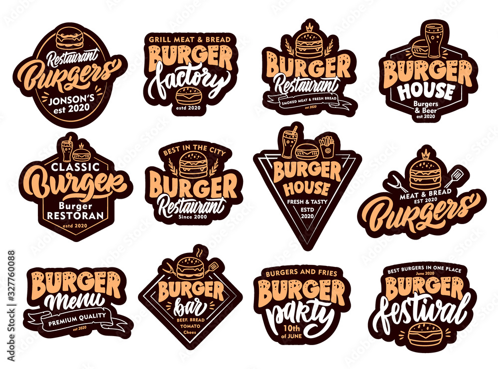 Set of Burger, fast food stickers, patches. Colorful badges, emblems ...
