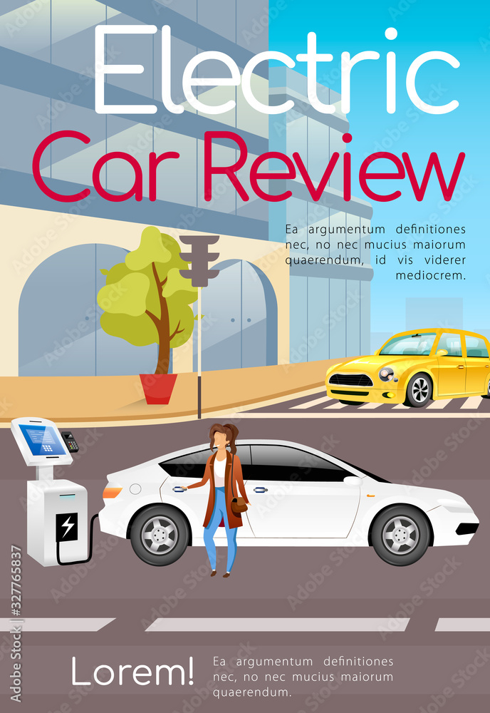 Electric car review poster flat vector template. Eco friendly transport ...