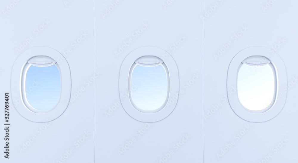 Airplane windows. Realistic aircraft portholes with sky. 3d rendering ...