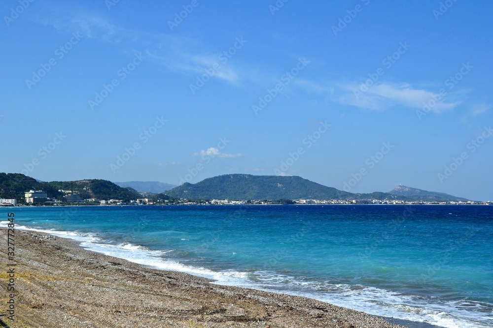 Ixia, Rhodes. Pebble beach in Paralia/Ixia, on the north coast of the ...