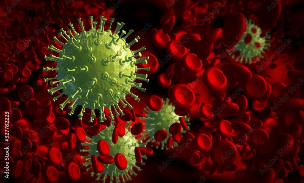 Viruses in blood. Green virus float between red blood cell. Digital ...