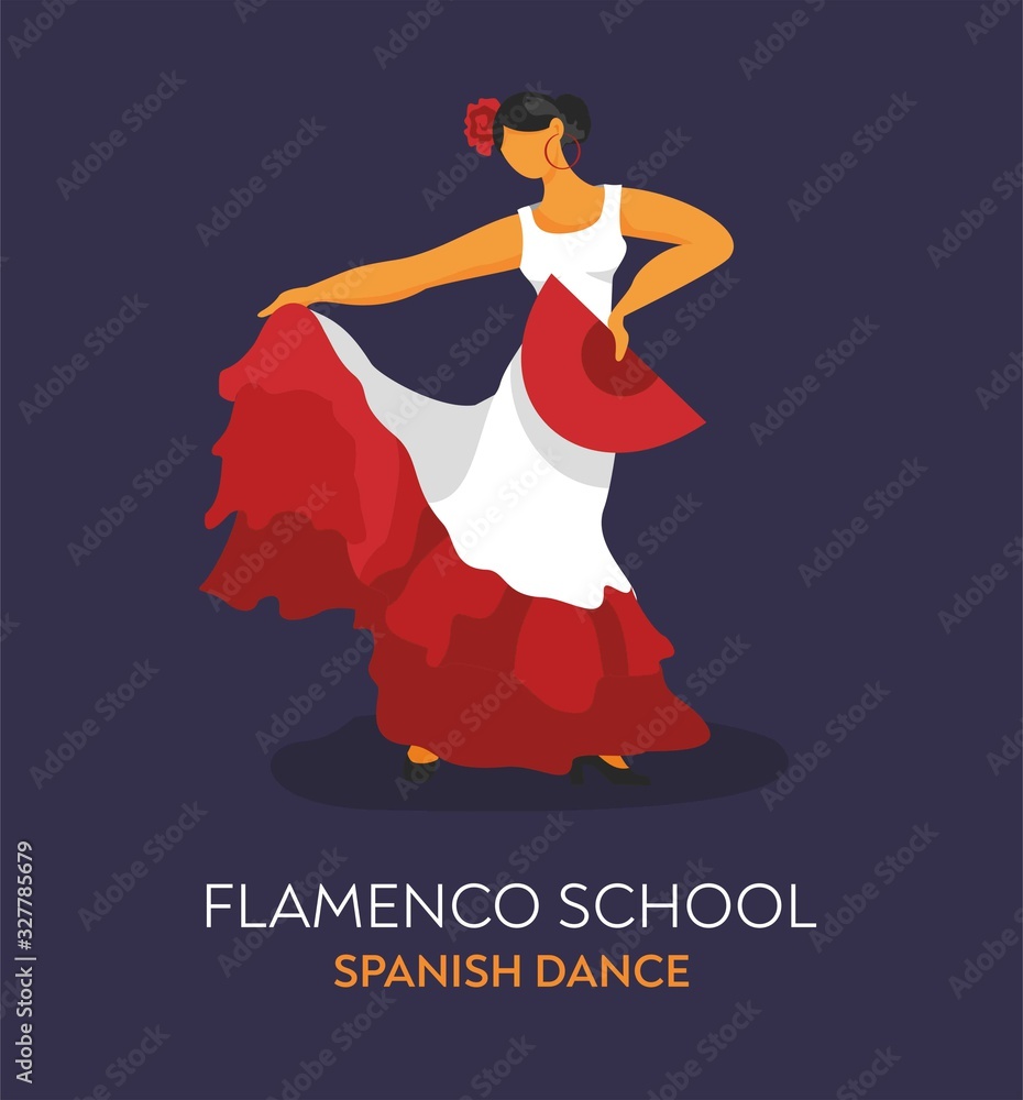 Vetor de Flamenco dancer in a dance pose in a red dress with a fan ...