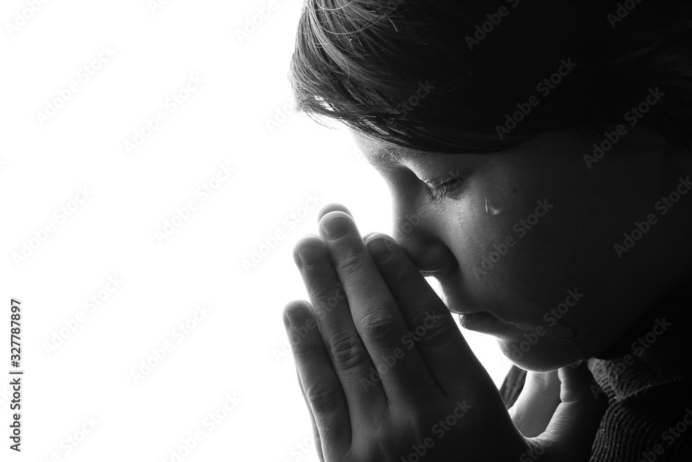 Black and white portrait of young sad boy crying with sad eyes. White ...