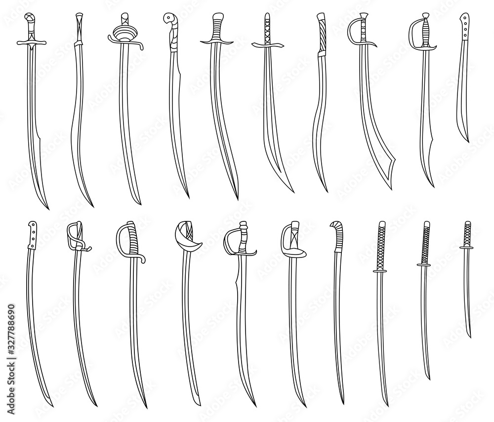 Set of simple monochrome images of sabers and cutlasses drawn by lines ...