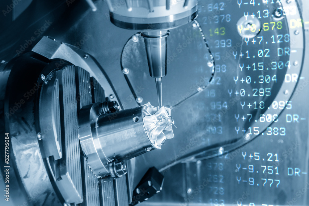 The abstract scene of 5-axis CNC milling machine cutting the aluminium ...