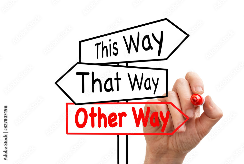 Hand drawn signpost saying this way, that way, the other way concept ...
