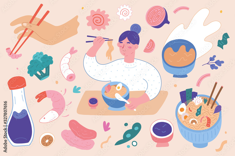 Ramen illustrations set, woman with chopsticks in hand eating ramen ...