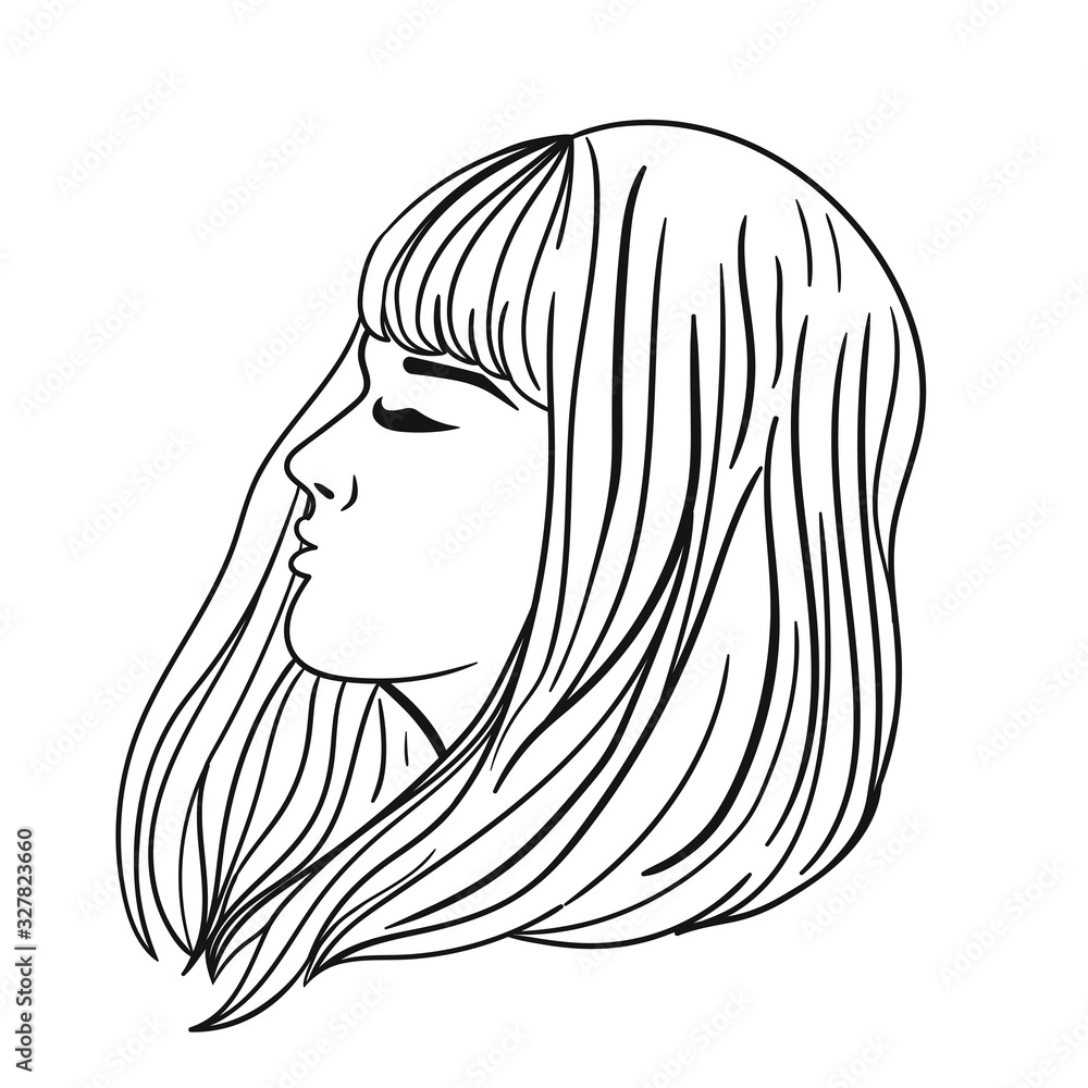 Women s hairstyle long hair with bangs. Black outline on a white ...