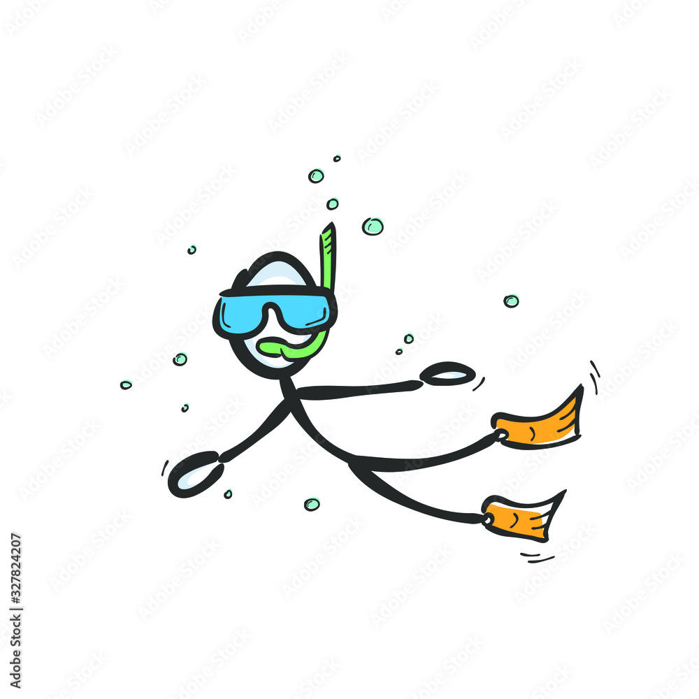 Diving in the sea. Snorkling under water. Hand drawn. Stickman cartoon ...