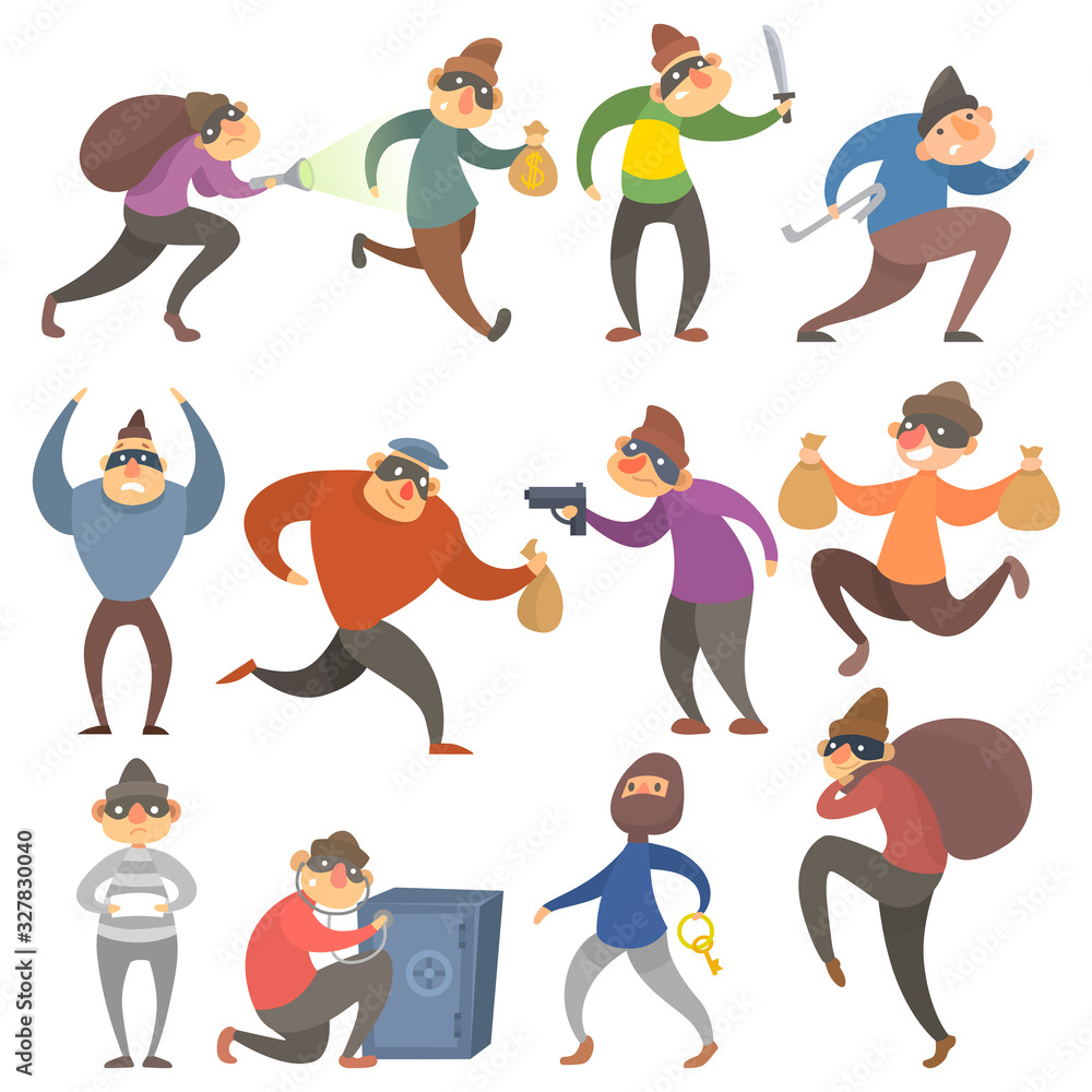 Thief Robber Characters Set Vector Illustrations Cartoon Comic