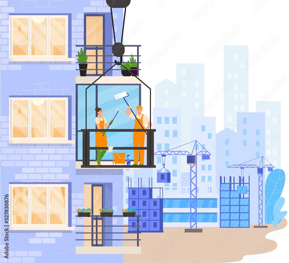Workers cleaning balcony window outside building, vector illustration ...