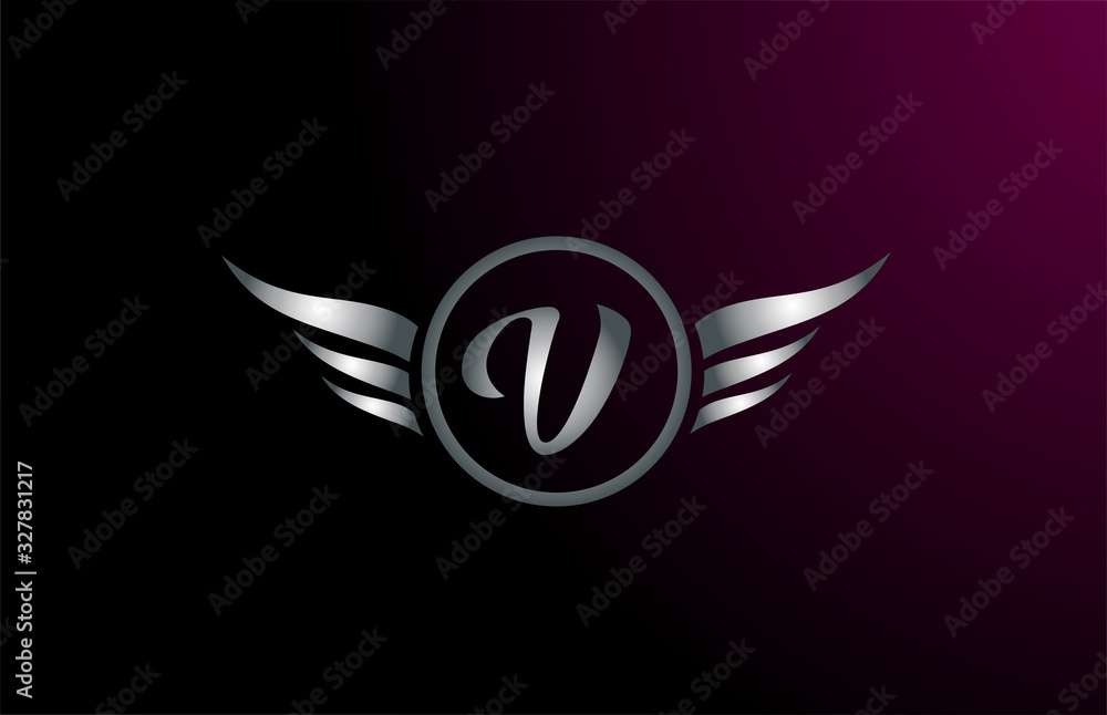 silver grey wings V letter alphabet logo design with metallic icon for ...