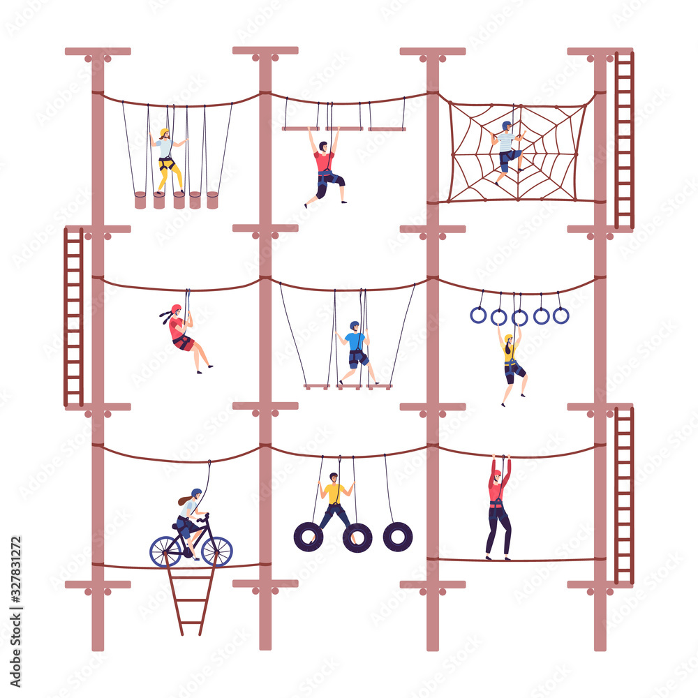 Activity children in extreme adventure rope park with climbing ...