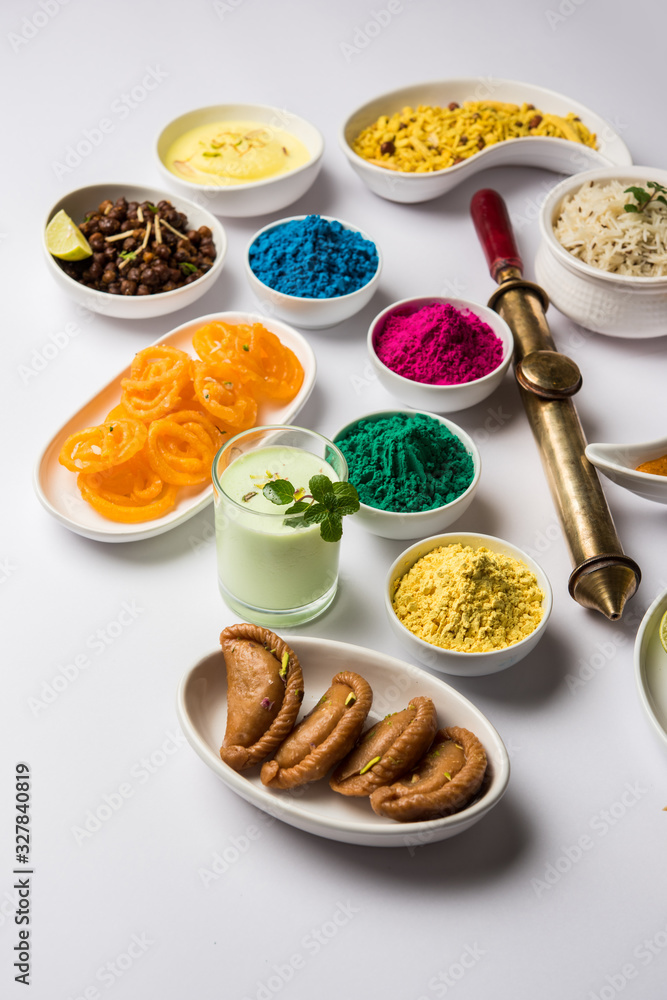 Happy Holy concept showing Indian assorted lunch food like chicken ...