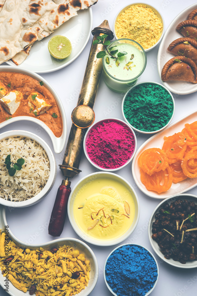 Happy Holy concept showing Indian assorted lunch food like chicken ...