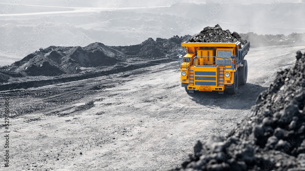 Open pit mine industry, big yellow mining truck for coal anthracite ...