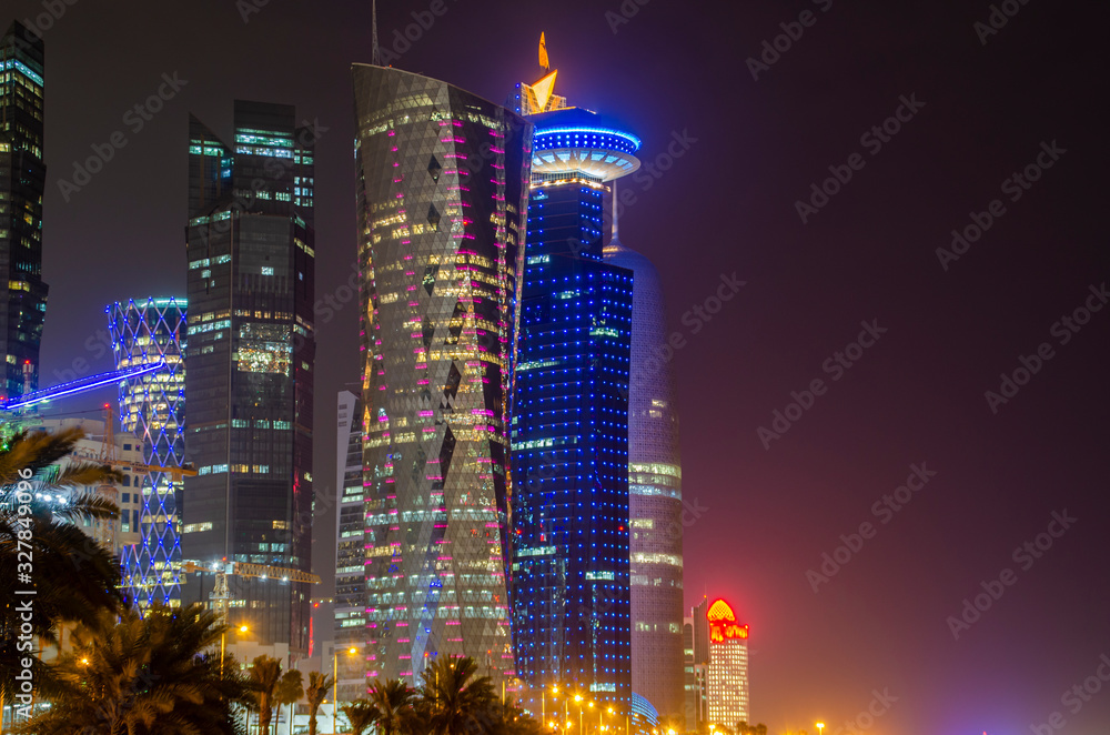 The skyline of the modern and high-rising city of Doha in Qatar, Middle ...