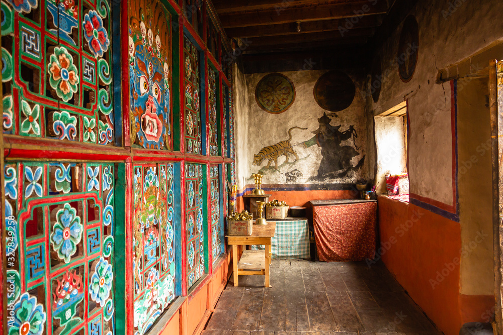 Colorful murals inside the ancient Buddhist monastery at Muktinath in ...