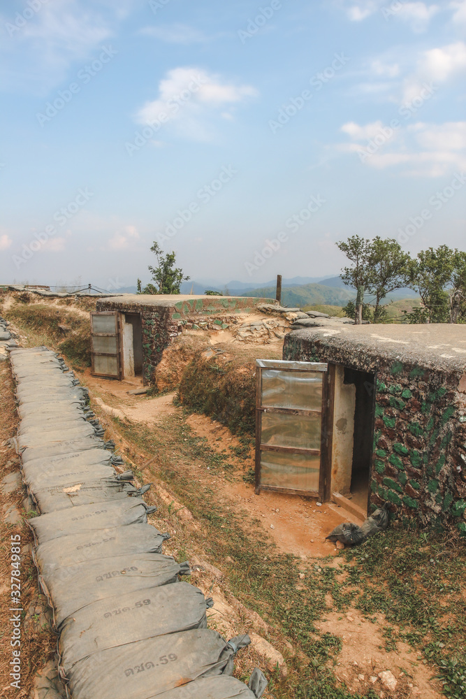 Bunker for protecting the enemy from invading front line. Sandbag and ...