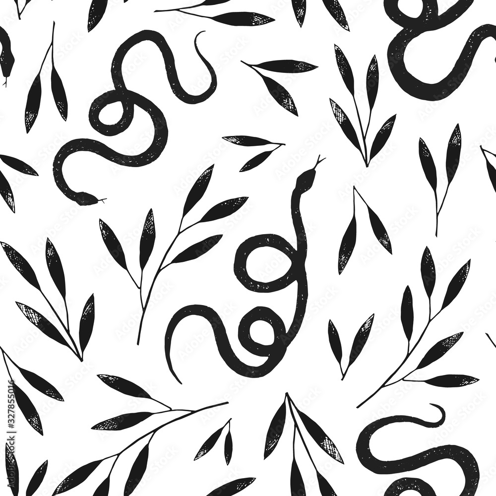 seamless pattern vector branches and the snake pencil drawing, vintage ...