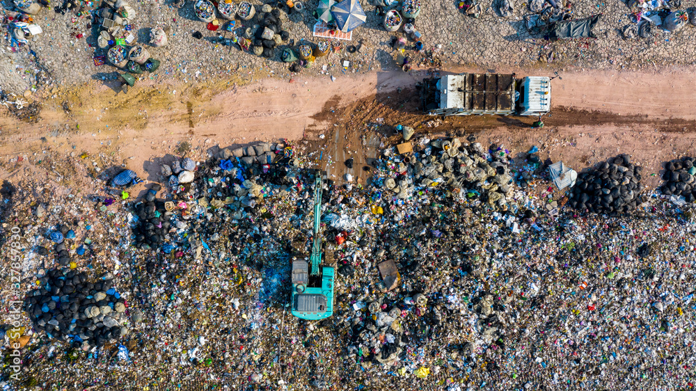 Garbage pile in trash dump or landfill, Aerial view garbage trucks ...