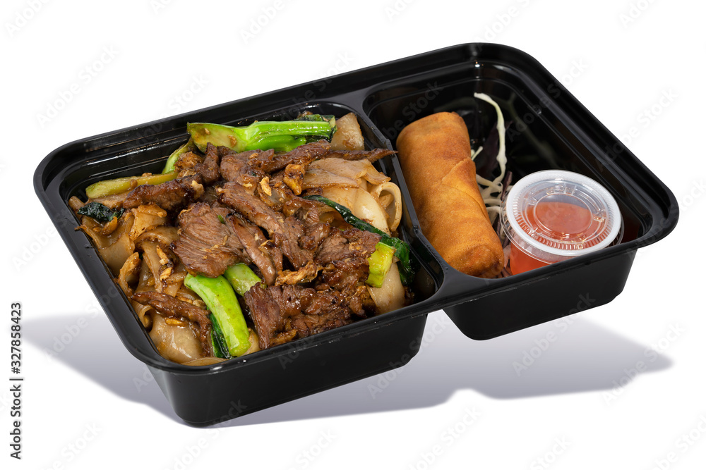 Thai Stir Fried beef with Flat Noodle and Broccoli with Spring Roll in ...