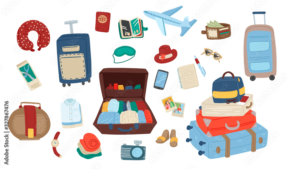 Set of travel items. Collection for holiday or journey. Packing luggage ...