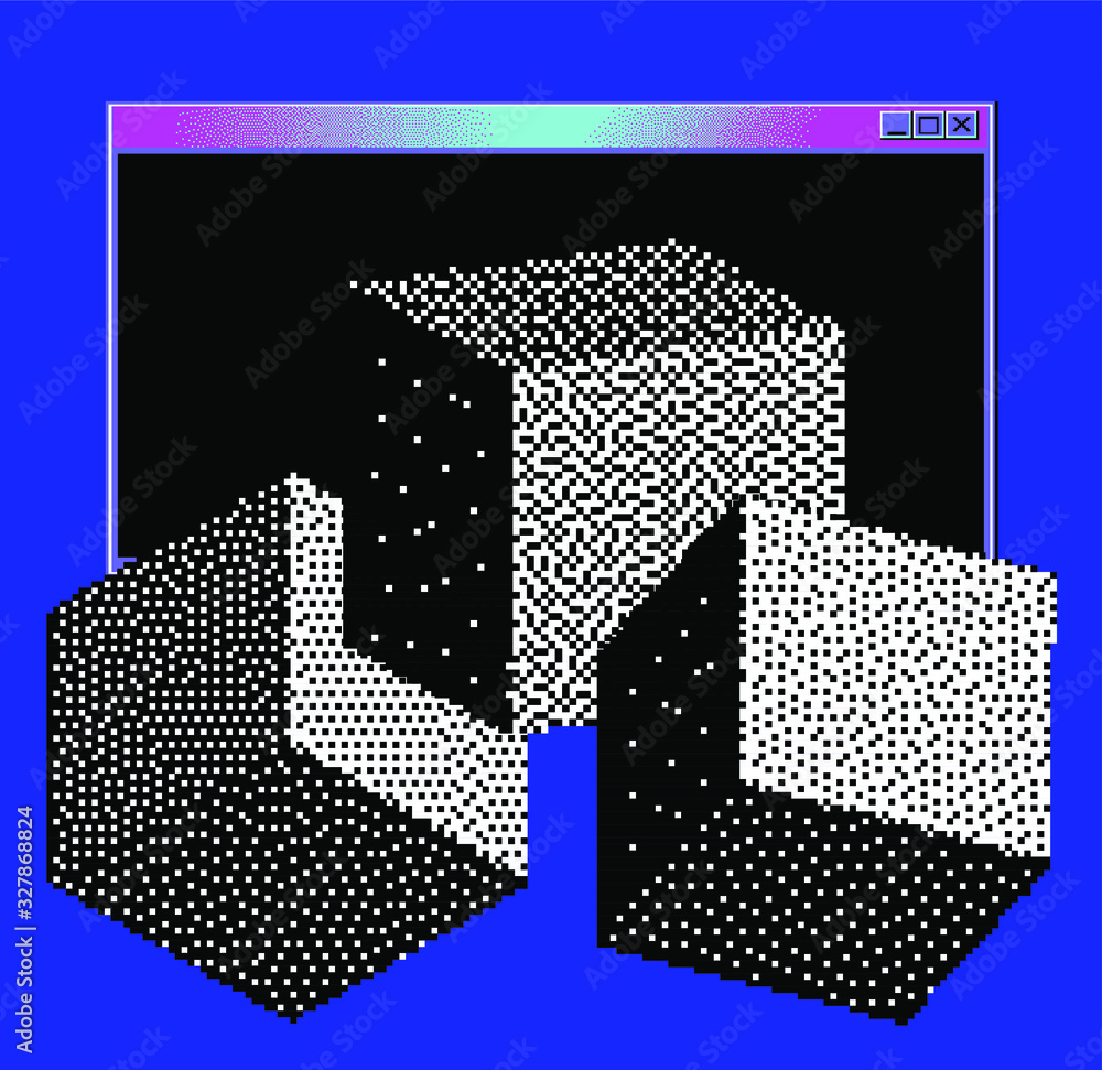 Surreal collage in pixel art style with console window and 3d cube ...