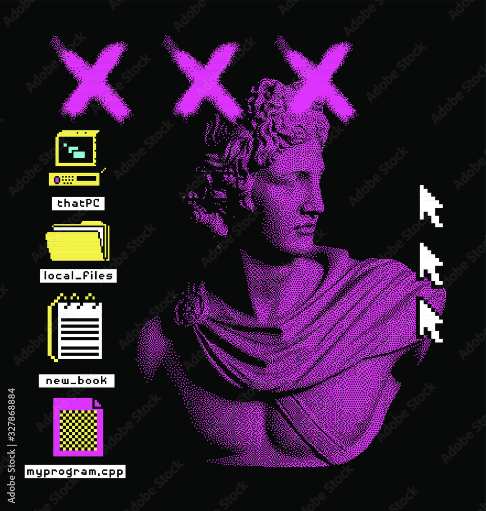 Pixel art ilustration with retro 80's UI elements and statue of Apollo ...