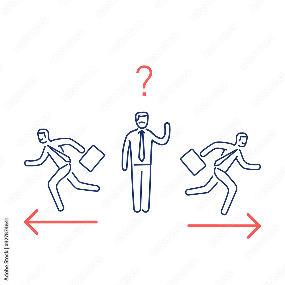 Indecision. Vector illustration of confused businessman choosing the ...