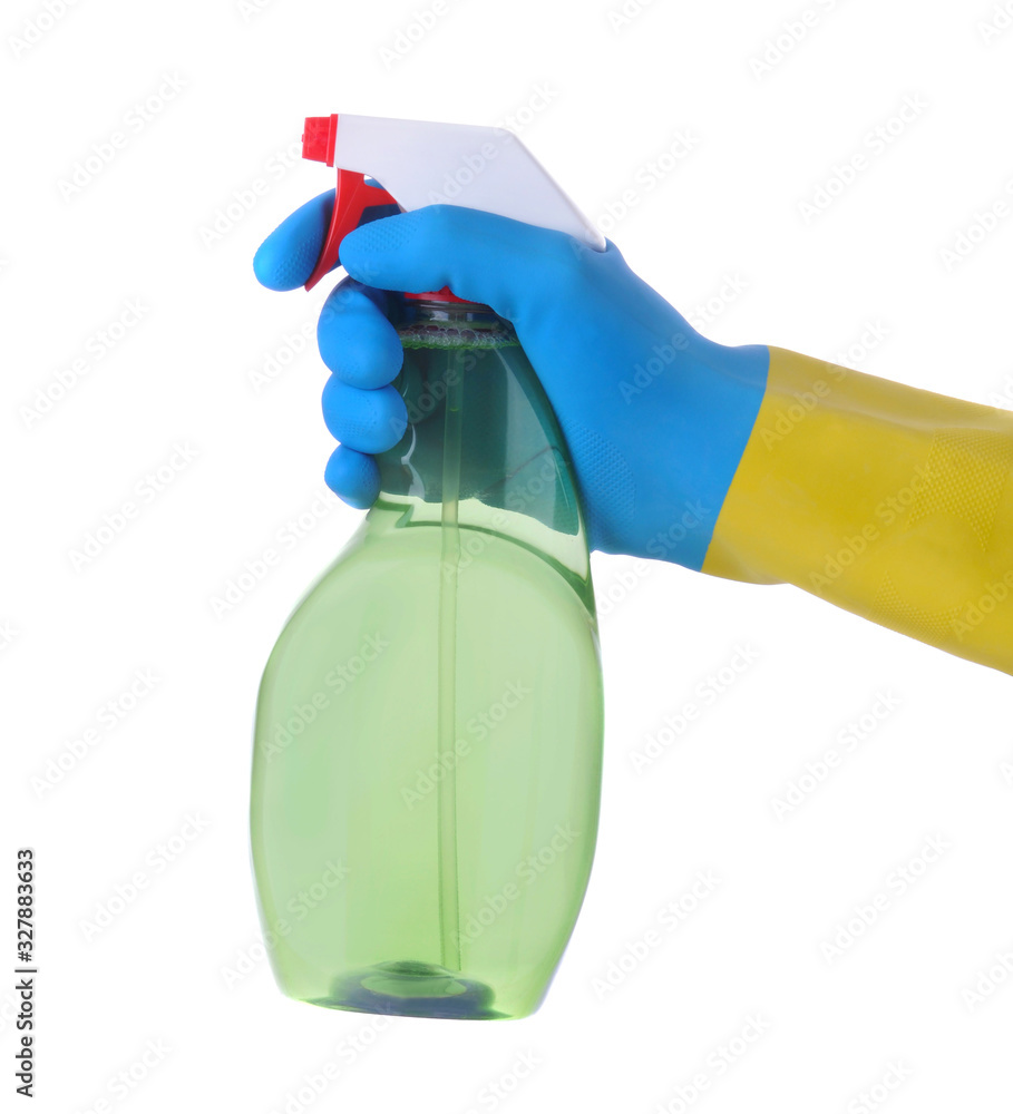 Spray Bottle filled with a disinfectant cleaning fluid and Gloved Hand ...