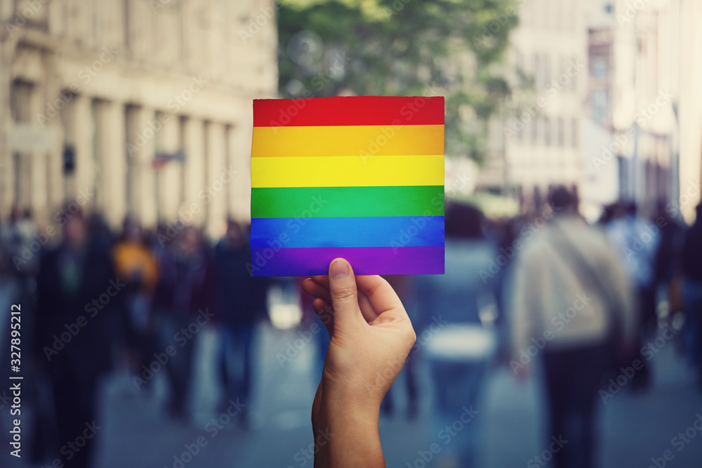 LGBT community member holding a protest banner with pride flag over a ...